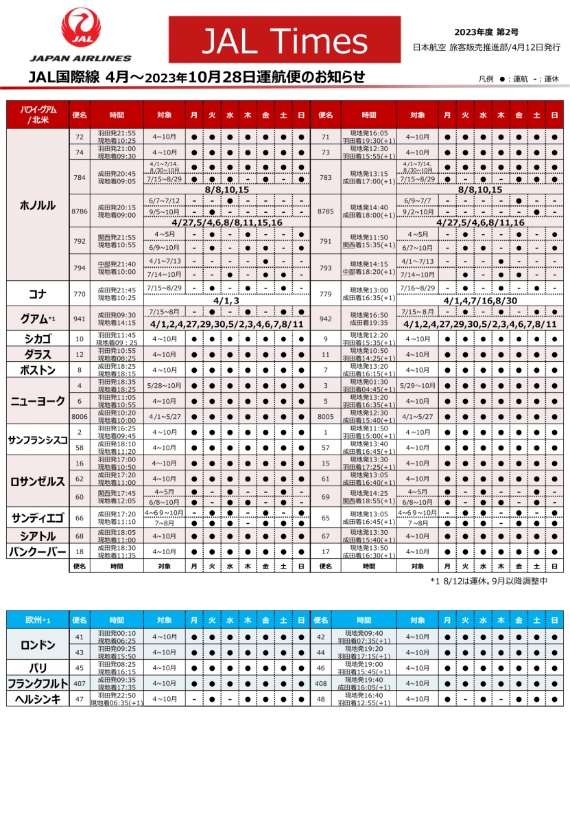 JAL TIMES 【JAL国際線4月～2023年10月28日運航便のお知らせ】第2号（4月増刊号） | 日本橋夢屋